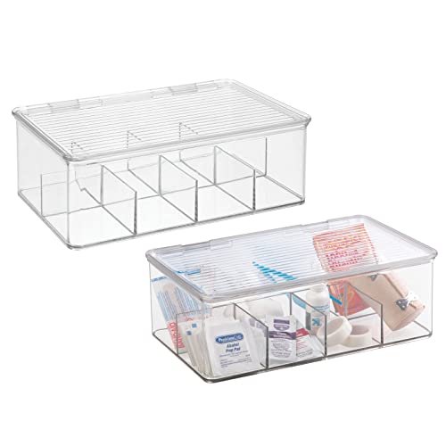 mDesign Plastic Divided First Aid Storage Box Kit with Hinge Lid for Bathroom, Kitchen, Cabinet, Closet - Organize Medicine, Ointments, Adhesive Bandages, Dental - 8 Sections, 2 Pack - Clear