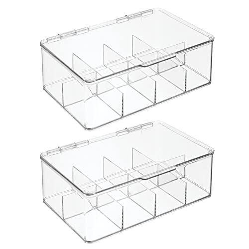 mDesign Plastic Divided First Aid Storage Box Kit with Hinge Lid for Bathroom, Kitchen, Cabinet, Closet - Organize Medicine, Ointments, Adhesive Bandages, Dental - 8 Sections, 2 Pack - Clear