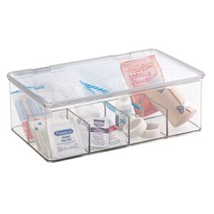 mDesign Plastic Divided First Aid Storage Box Kit with Hinge Lid for Bathroom, Kitchen, Cabinet, Closet - Organize Medicine, Ointments, Adhesive Bandages, Dental - 8 Sections, 2 Pack - Clear