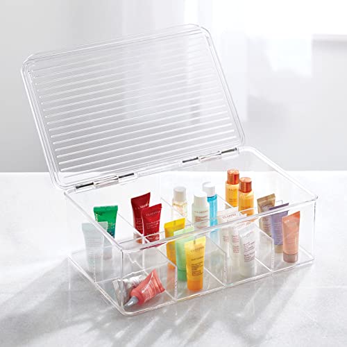 mDesign Plastic Divided First Aid Storage Box Kit with Hinge Lid for Bathroom, Kitchen, Cabinet, Closet - Organize Medicine, Ointments, Adhesive Bandages, Dental - 8 Sections, 2 Pack - Clear