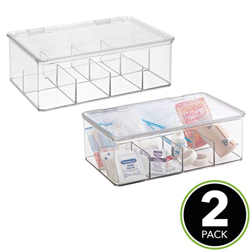 mDesign Plastic Divided First Aid Storage Box Kit with Hinge Lid for Bathroom, Kitchen, Cabinet, Closet - Organize Medicine, Ointments, Adhesive Bandages, Dental - 8 Sections, 2 Pack - Clear