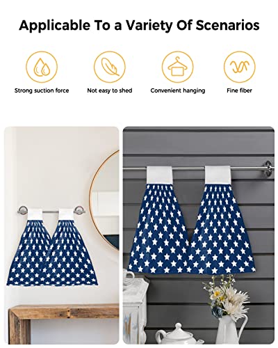 WARM TOUR 2Pcs Kitchen Hanging Towel Independence Day White Pentagram on Navy Blue,Absorbent Soft Hand Tie Towel with Loop USA Flag Stars,Tea Bar Dish Cloth Dry Towel for Bathroom