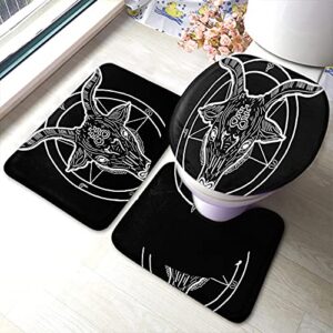 wondertify pentagram demon bathroom antiskid pad baphomet satanic goat head symbol tattoo 3 pieces bathroom rugs set, bath mat+contour+toilet lid cover white black