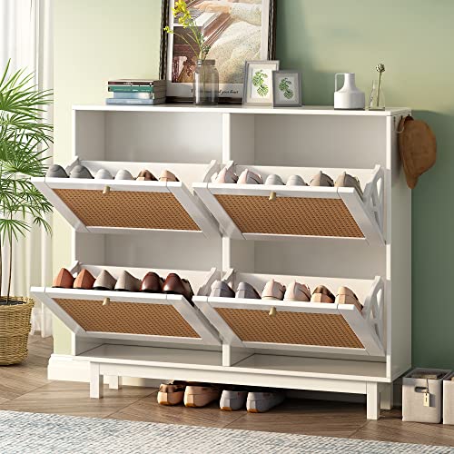 Polibi Boho Style Shoe Cabinet with 4 Rattan Flip Drawers and 3 Metal Side Hooks, Free Standing Wooden Shoe Rack Storage Shoes Organizer for Entryway/Living Room/Bedroom, White