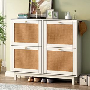 Polibi Boho Style Shoe Cabinet with 4 Rattan Flip Drawers and 3 Metal Side Hooks, Free Standing Wooden Shoe Rack Storage Shoes Organizer for Entryway/Living Room/Bedroom, White