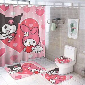 fmsnupz 4pcs anime shower curtain set, cute bathroom decor with non-slip rugs, toilet lid cover and bath mat, waterproof fabric shower curtains with 12 hooks, 70.8"x70.8"