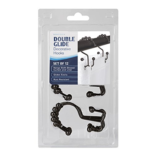 Maytex Shower Curtain Hooks, Shower Curtain Rings, Rust-Resistant Decorative Double Roller Glide Shower Hooks, Shower Rings for Bathroom Shower Rods, Curtains, Liners, Set of 12, Oil Rubbed Bronze