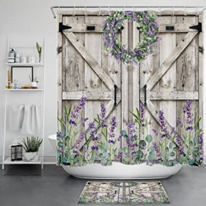 LB Western Barn Door Shower Curtain Sets with Rugs Purple Lavender and Green Eucalyptus Wreath Fabric Shower Curtain with Hooks Rustic Wood Board Bathroom Curtains Shower Set, 72x72 inches