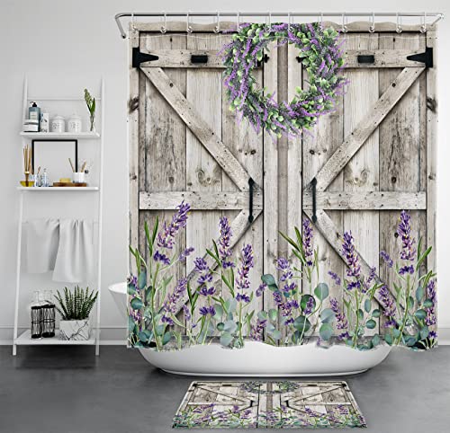 LB Western Barn Door Shower Curtain Sets with Rugs Purple Lavender and Green Eucalyptus Wreath Fabric Shower Curtain with Hooks Rustic Wood Board Bathroom Curtains Shower Set, 72x72 inches