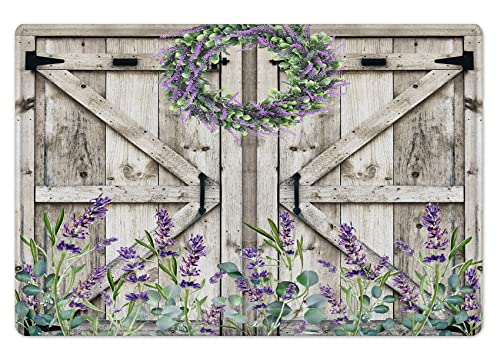 LB Western Barn Door Shower Curtain Sets with Rugs Purple Lavender and Green Eucalyptus Wreath Fabric Shower Curtain with Hooks Rustic Wood Board Bathroom Curtains Shower Set, 72x72 inches