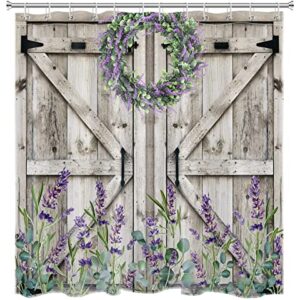 LB Western Barn Door Shower Curtain Sets with Rugs Purple Lavender and Green Eucalyptus Wreath Fabric Shower Curtain with Hooks Rustic Wood Board Bathroom Curtains Shower Set, 72x72 inches