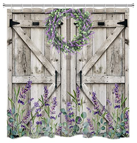 LB Western Barn Door Shower Curtain Sets with Rugs Purple Lavender and Green Eucalyptus Wreath Fabric Shower Curtain with Hooks Rustic Wood Board Bathroom Curtains Shower Set, 72x72 inches