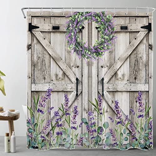 LB Western Barn Door Shower Curtain Sets with Rugs Purple Lavender and Green Eucalyptus Wreath Fabric Shower Curtain with Hooks Rustic Wood Board Bathroom Curtains Shower Set, 72x72 inches