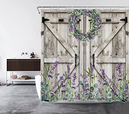 LB Western Barn Door Shower Curtain Sets with Rugs Purple Lavender and Green Eucalyptus Wreath Fabric Shower Curtain with Hooks Rustic Wood Board Bathroom Curtains Shower Set, 72x72 inches