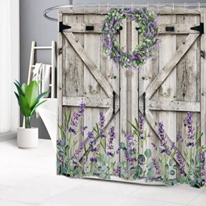 LB Western Barn Door Shower Curtain Sets with Rugs Purple Lavender and Green Eucalyptus Wreath Fabric Shower Curtain with Hooks Rustic Wood Board Bathroom Curtains Shower Set, 72x72 inches