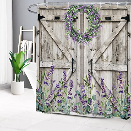 LB Western Barn Door Shower Curtain Sets with Rugs Purple Lavender and Green Eucalyptus Wreath Fabric Shower Curtain with Hooks Rustic Wood Board Bathroom Curtains Shower Set, 72x72 inches