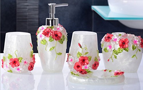 YIYIDA Country Style 3D Flowers Resin 5Pcs Bathroom Accessories Set Soap Dispenser/Toothbrush Holder/Tumbler/Soap Dish (White)