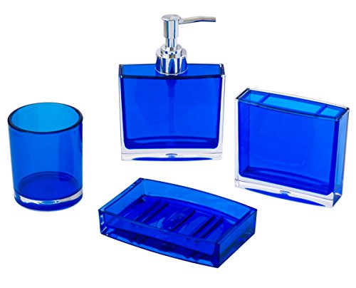 4-Piece Translucent Blue Bathroom Accessory Set | Tumbler, Toothbrush Holder, Soap Dispenser and Dish | Made with Durable Acrylic | Modern Decor | Bathroom Organizer