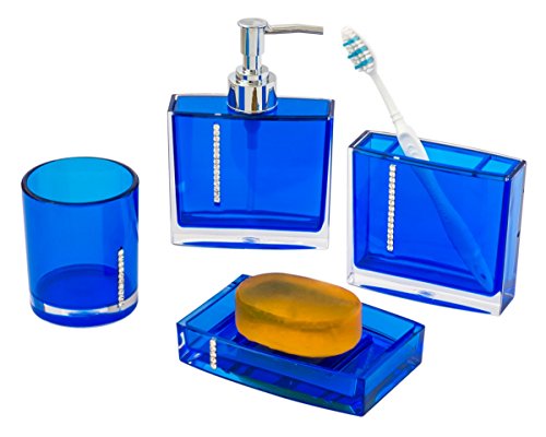 4-Piece Translucent Blue Bathroom Accessory Set | Tumbler, Toothbrush Holder, Soap Dispenser and Dish | Made with Durable Acrylic | Modern Decor | Bathroom Organizer