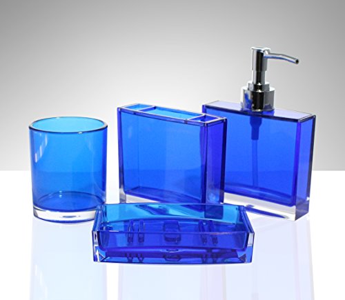 4-Piece Translucent Blue Bathroom Accessory Set | Tumbler, Toothbrush Holder, Soap Dispenser and Dish | Made with Durable Acrylic | Modern Decor | Bathroom Organizer