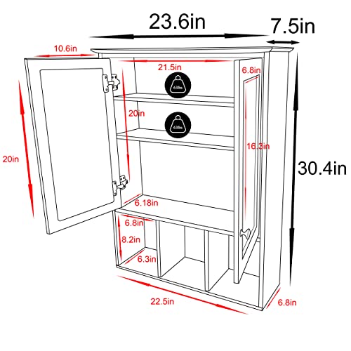 MUPATER Oversized Bathroom Medicine Cabinet Wall Mounted Storage with Mirrors, Hanging Bathroom Wall Cabinet Organizer with Two Adjustable Shelves and Three Open Compartments, Grey