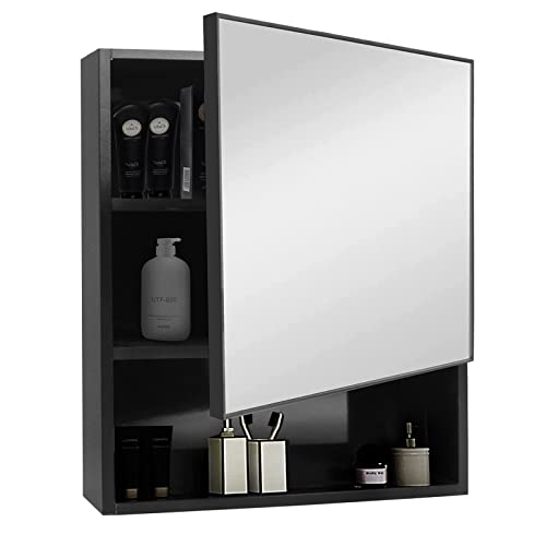 YEPOTUE Mirrored Medicine Cabinet, 23.6" x19.6 Black Bathroom Medicine Cabinet Wall Mounted Space Aluminum Storage, Water, and Rust Resistant, Surface Mount