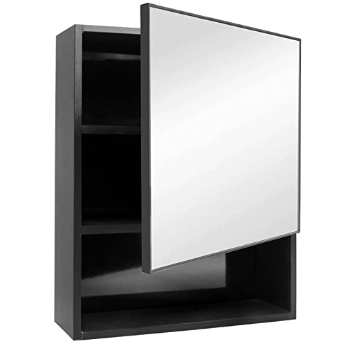 YEPOTUE Mirrored Medicine Cabinet, 23.6" x19.6 Black Bathroom Medicine Cabinet Wall Mounted Space Aluminum Storage, Water, and Rust Resistant, Surface Mount