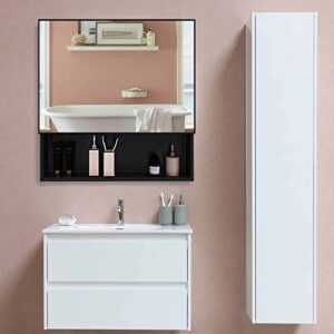 YEPOTUE Mirrored Medicine Cabinet, 23.6" x19.6 Black Bathroom Medicine Cabinet Wall Mounted Space Aluminum Storage, Water, and Rust Resistant, Surface Mount