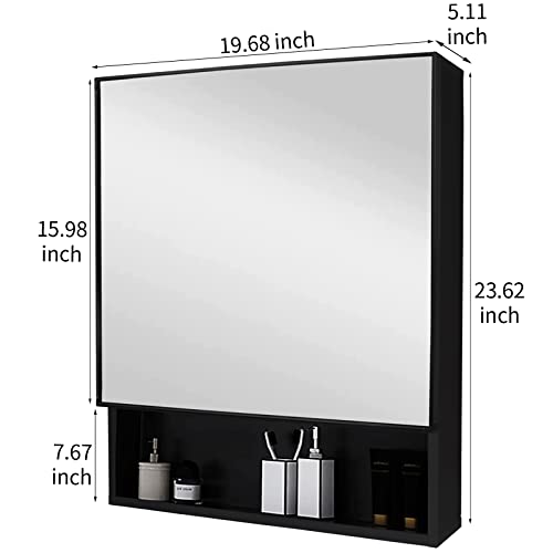 YEPOTUE Mirrored Medicine Cabinet, 23.6" x19.6 Black Bathroom Medicine Cabinet Wall Mounted Space Aluminum Storage, Water, and Rust Resistant, Surface Mount