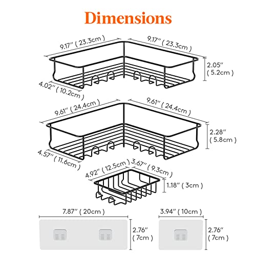 Lifewit Corner Shower Caddy, Rustproof Stainless Steel Shower Organizer, No Drilling Traceless Adhesive Shower Shelves For Bathroom & Kitchen Storage, 3-Pack Shower Shelf (Matte Black)