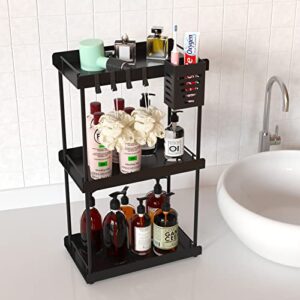 bathroom organizer countertop- 3 tier iron bathroom organizer with hair dryer holder, detachable cups and hooks- bathroom sink organizer countertop storage for bathroom, kitchen, bedroom, living room(black)