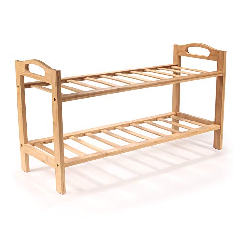 BambooMN 2-Tier Bamboo Wood Shoe Rack, for Entryway or Doorway - Natural Finish - Single Rack