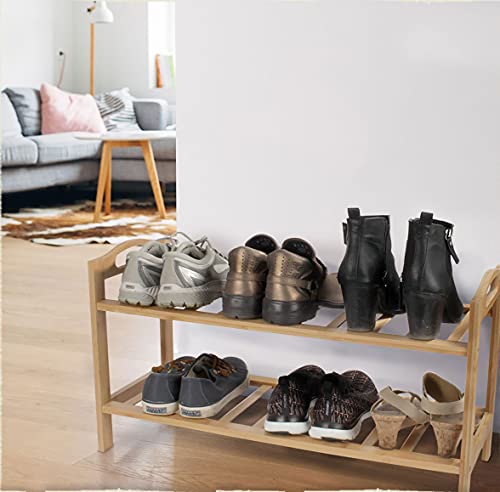 BambooMN 2-Tier Bamboo Wood Shoe Rack, for Entryway or Doorway - Natural Finish - Single Rack