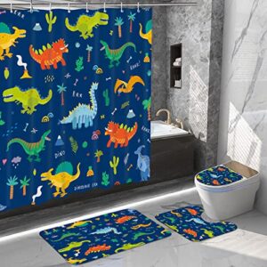 jicosrel 4 pcs kids shower curtain set with rugs,funny blue cartoon dinosaur shower curtains,bathroom decor set with 12 hooks,cartoon space elements