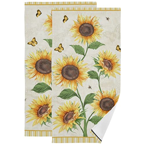 Pfrewn Sunflowers Hand Bath Towel Set of 2 Retro Flowers Butterfly Bathroom Towels 16x30 in Soft Absorbent Guest Towels Hanging Kitchen Dish Towel Decor