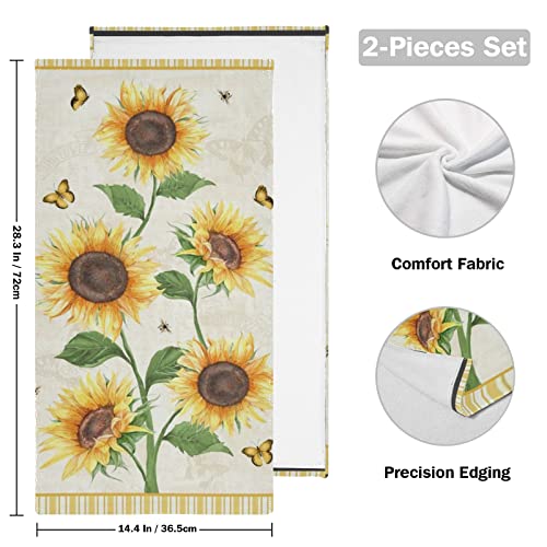 Pfrewn Sunflowers Hand Bath Towel Set of 2 Retro Flowers Butterfly Bathroom Towels 16x30 in Soft Absorbent Guest Towels Hanging Kitchen Dish Towel Decor