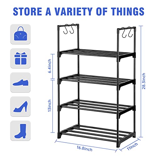 NiHome 4-Tier Shoe Rack, Shoe Racks Storage Organizer Closet with Hooks, Metal Cabinet Stackable Shoe Rack Tower, Space Saving Organizer Shoe Shelf Durable Holds 8 Pairs (Black)