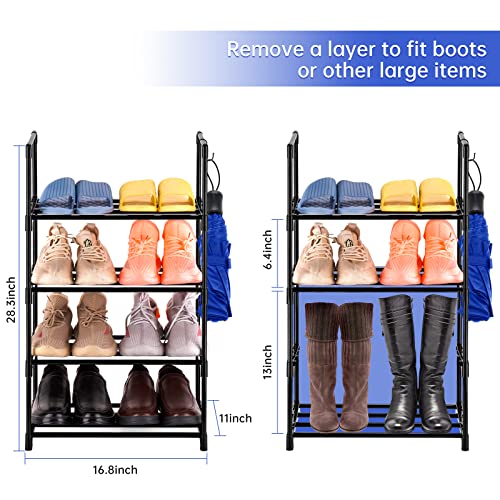 NiHome 4-Tier Shoe Rack, Shoe Racks Storage Organizer Closet with Hooks, Metal Cabinet Stackable Shoe Rack Tower, Space Saving Organizer Shoe Shelf Durable Holds 8 Pairs (Black)