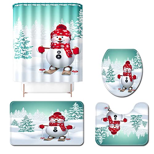 NEWSUYAA 4PCS Christmas Bathroom Decorations Sets Shower Curtain Toilet Seat Cover Rugs Sets Xmas Santa Claus Pine Tree Snowman Gnome Bathtub Decor (A3)