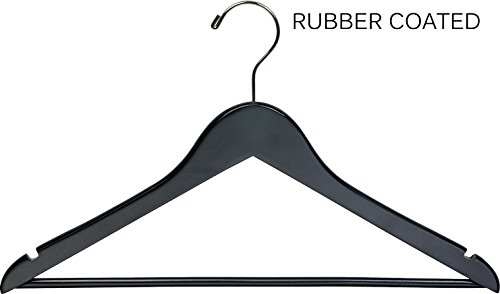 Black Rubberized Wooden Suit Hangers with Solid Wood Bar, Flat Rubber Coated Hangers with Chrome Swivel Hook & Notches (Set of 50) by The Great American Hanger Company