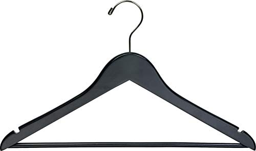 Black Rubberized Wooden Suit Hangers with Solid Wood Bar, Flat Rubber Coated Hangers with Chrome Swivel Hook & Notches (Set of 50) by The Great American Hanger Company