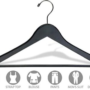 Black Rubberized Wooden Suit Hangers with Solid Wood Bar, Flat Rubber Coated Hangers with Chrome Swivel Hook & Notches (Set of 50) by The Great American Hanger Company