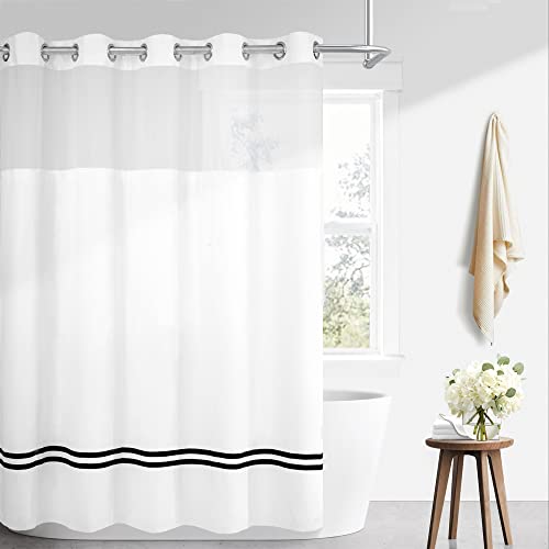 River Dream Sheer Fabric Shower Curtain with Snap-in Liner, Black Satin Stripe Accent, No Hooks Needed, Includes Magnetic Weights and Chrome Split Rings, 71" W x 74" H, White.