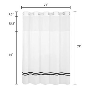 River Dream Sheer Fabric Shower Curtain with Snap-in Liner, Black Satin Stripe Accent, No Hooks Needed, Includes Magnetic Weights and Chrome Split Rings, 71" W x 74" H, White.