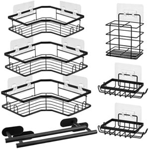 8 pcs adhesive corner shower caddy set 3 stainless steel bathroom shower organizer shelves rustproof shower shelf rack 2 no drilling soap holder for shower wall 1 toothbrush holder 2 towel bar, black