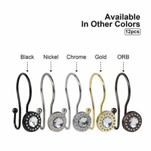 Shower Hooks - Double Shower Curtain Rings for Bathroom - Rust Resistant Shower Curtain Hooks for Shower Curtain or Liner - Shower Curtain Rings with Crystal Design - Set of 12, Brushed Nickel