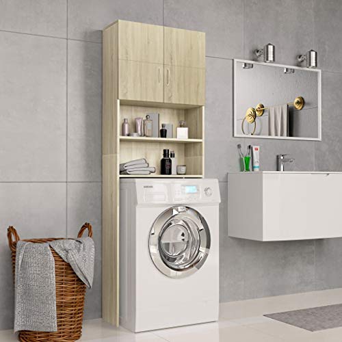 FAMIROSA Washing Machine Shelf, Washer Dryer Storage Shelf, Toilet Bathroom Cabinet Above with 2 Doors and 2 Open compartments 25.2"x10"x74.8"Sonoma Oak