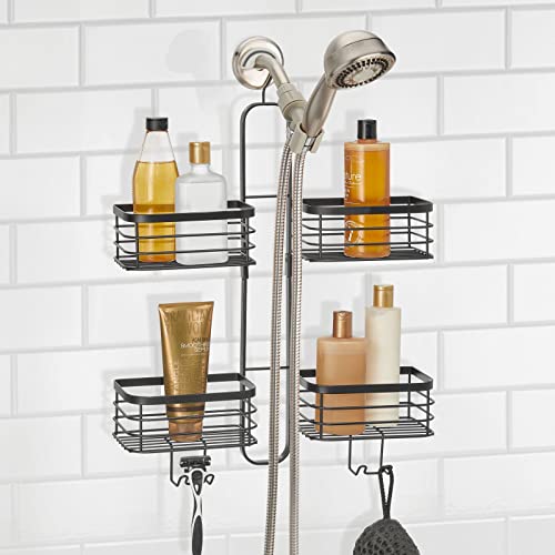 mDesign Metal Steel Hanging Shower Caddy, 4 Basket Organizer Rack for Bathroom; Hold Handheld Shower Head, Hose, Shampoo, Conditioner, Shaving Cream, Soap, Loofah - Carson Collection - Matte Black