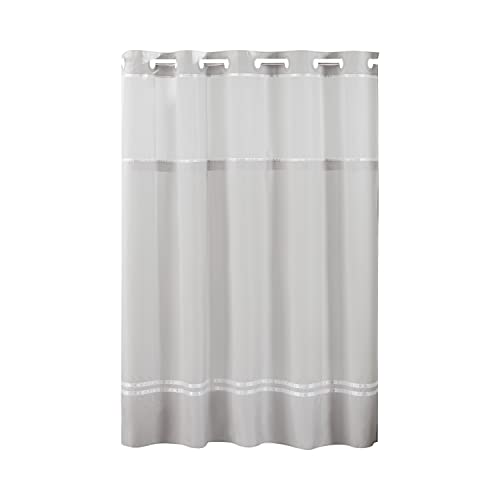 Hookless Monterey Fabric Shower Curtain Set with PEVA Snap-in Liner and Window, No Hooks Required, 71 x 74, Grey/White Color