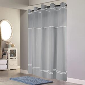 Hookless Monterey Fabric Shower Curtain Set with PEVA Snap-in Liner and Window, No Hooks Required, 71 x 74, Grey/White Color